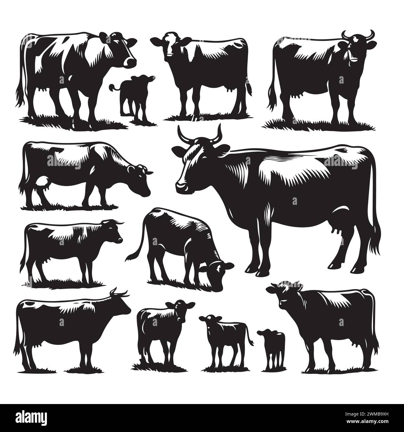 Set of cow silhouettes isolated on a white background, Vector ...