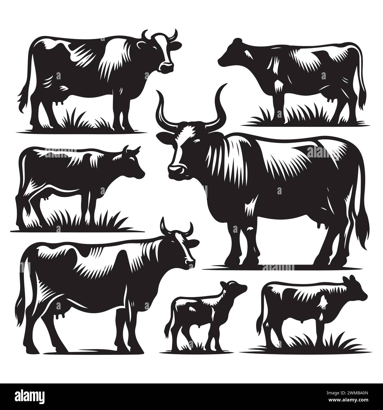 Set of cow silhouettes isolated on a white background, Vector ...
