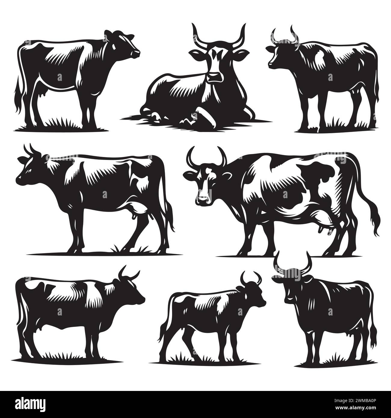 Set of cow silhouettes isolated on a white background, Vector ...