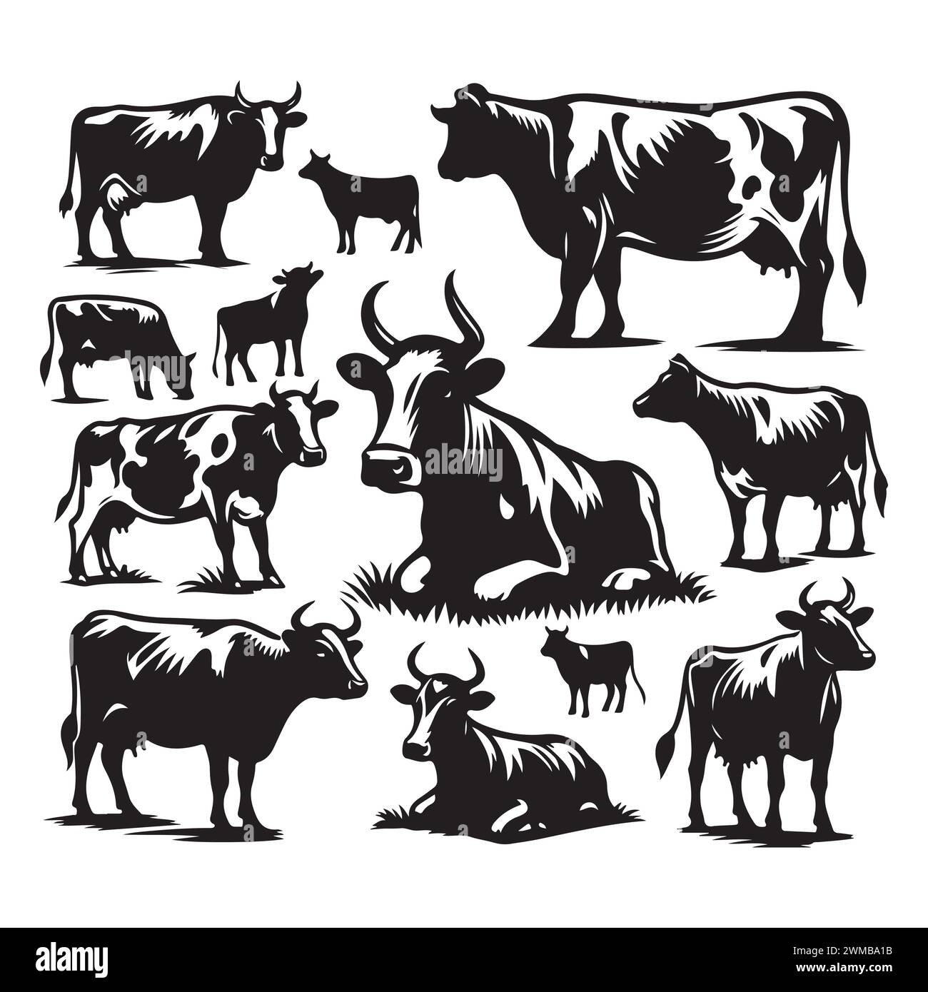 Set of cow silhouettes isolated on a white background, Vector ...