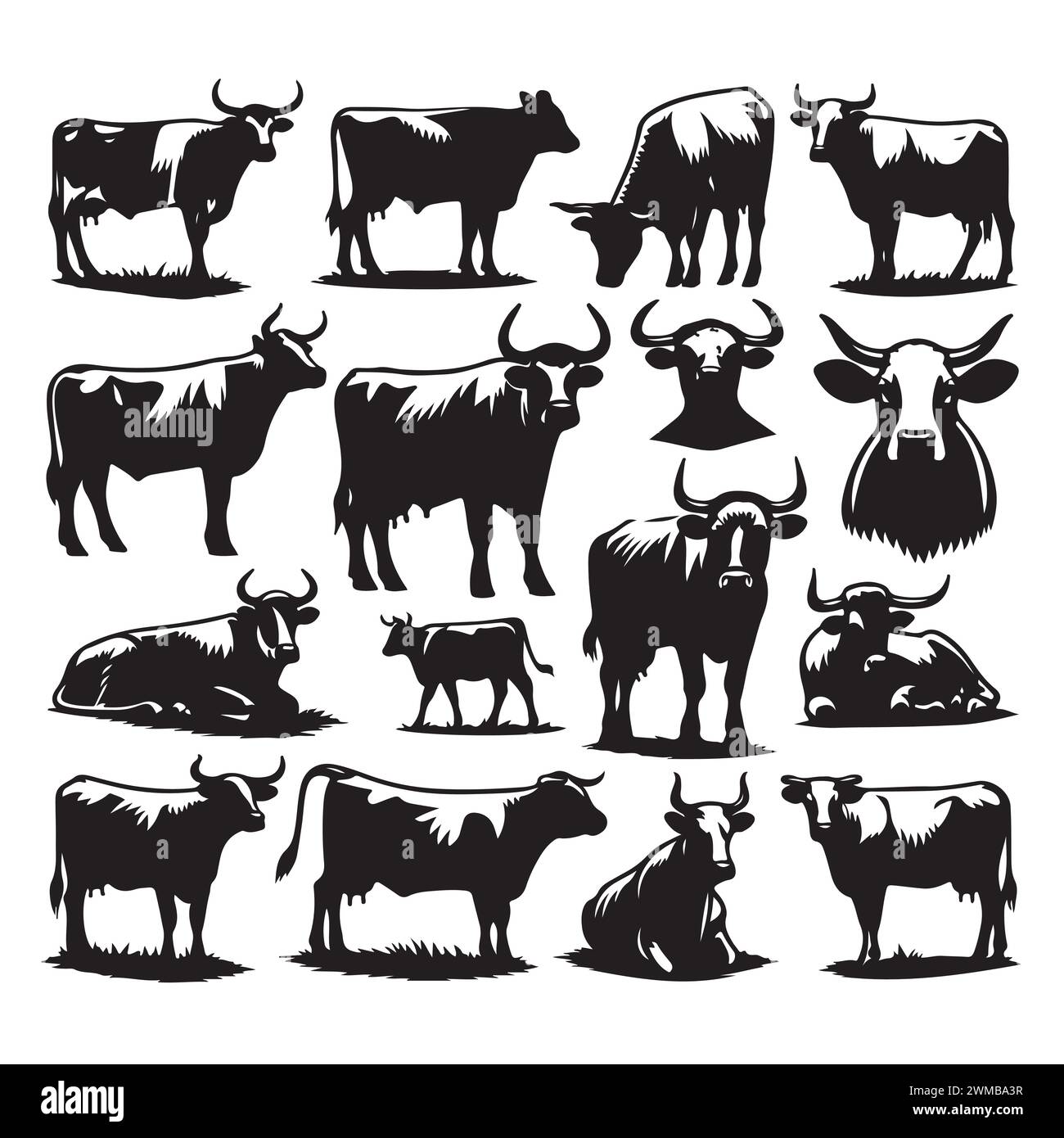 Set of cow silhouettes isolated on a white background, Vector ...