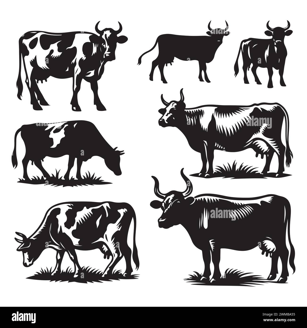 Set of cow silhouettes isolated on a white background, Vector ...