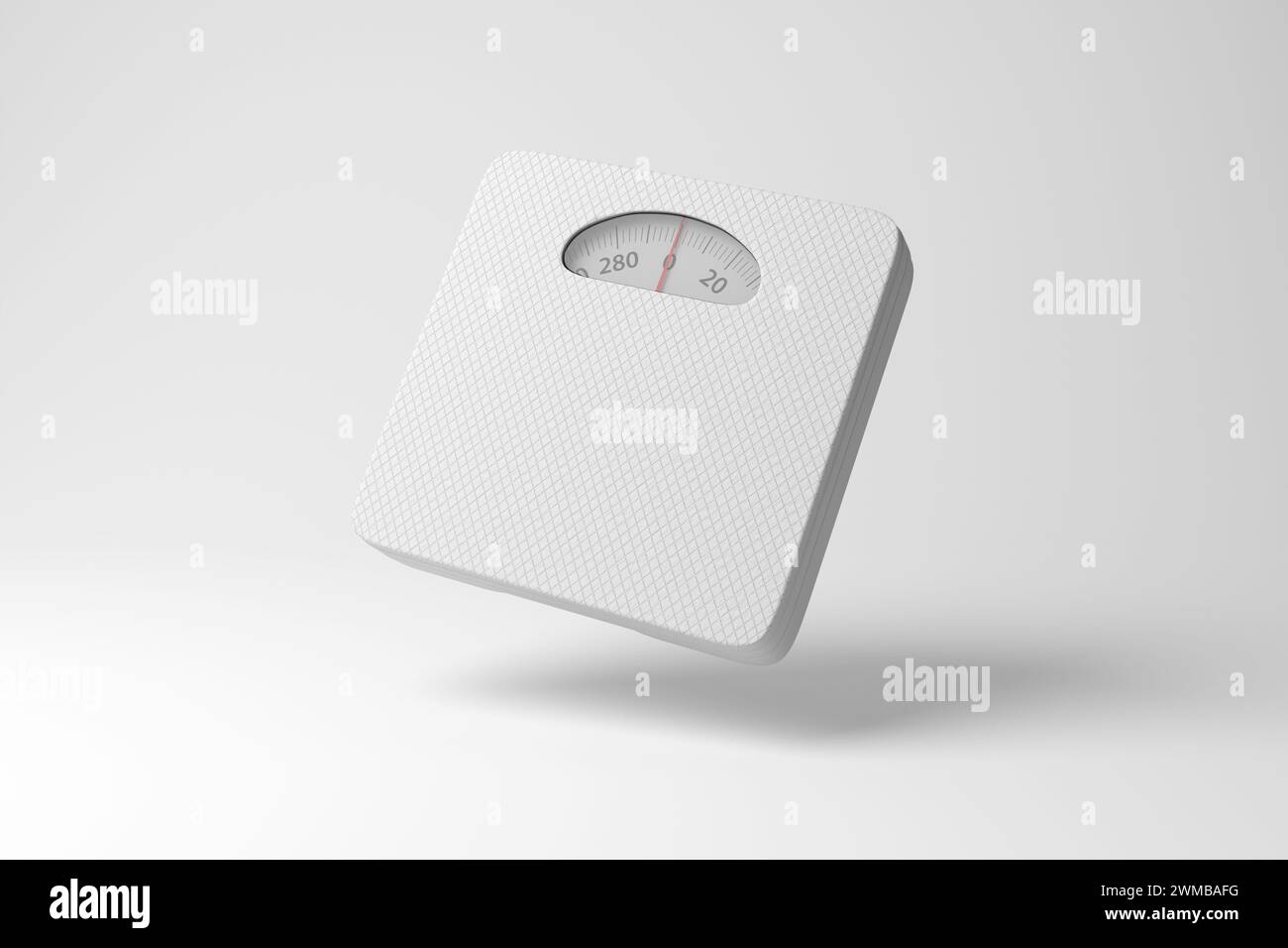 White analog weight scale floating in mid air on white background in ...