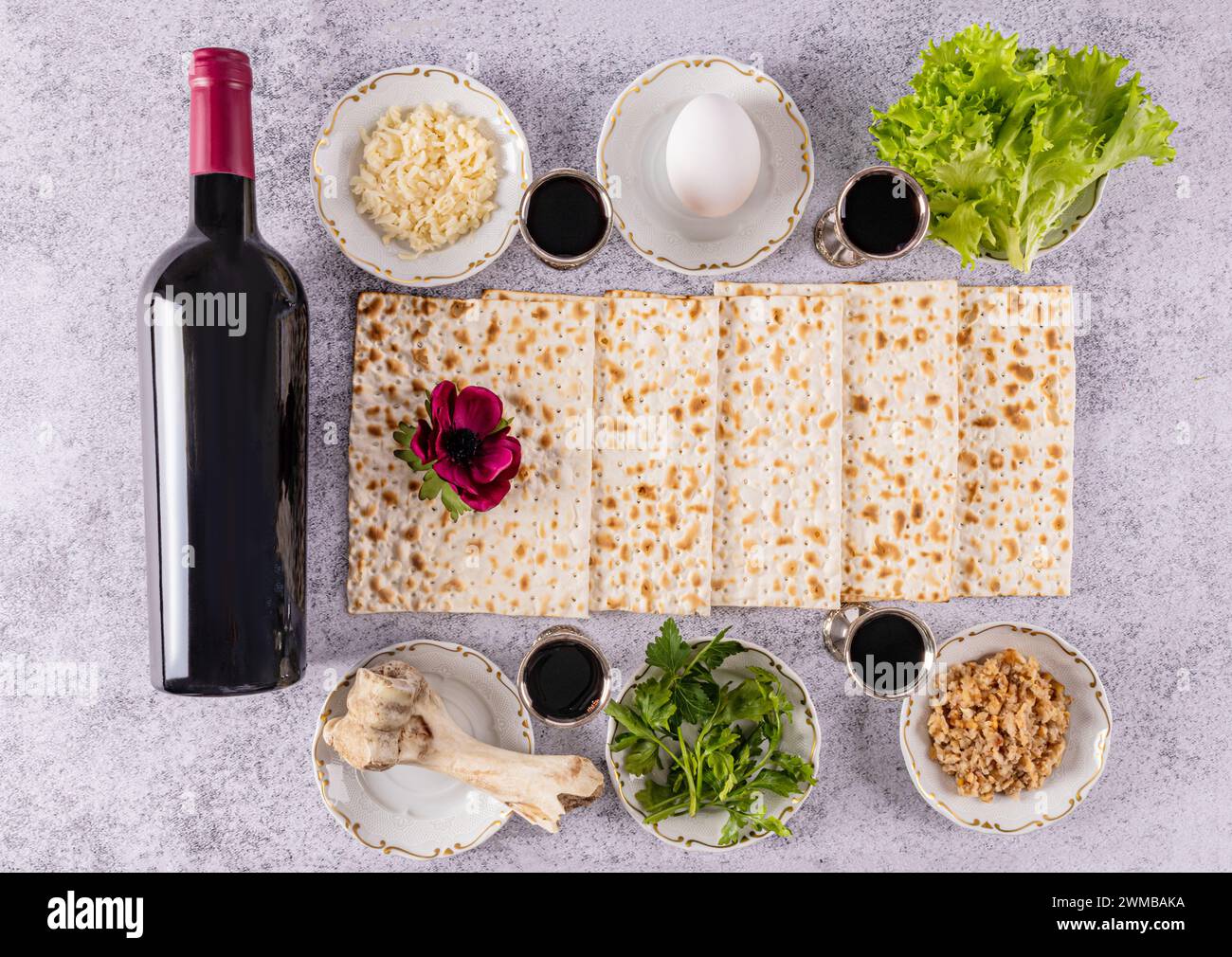 Flat lay of traditional products for the Jewish Passover holiday. Wine ...