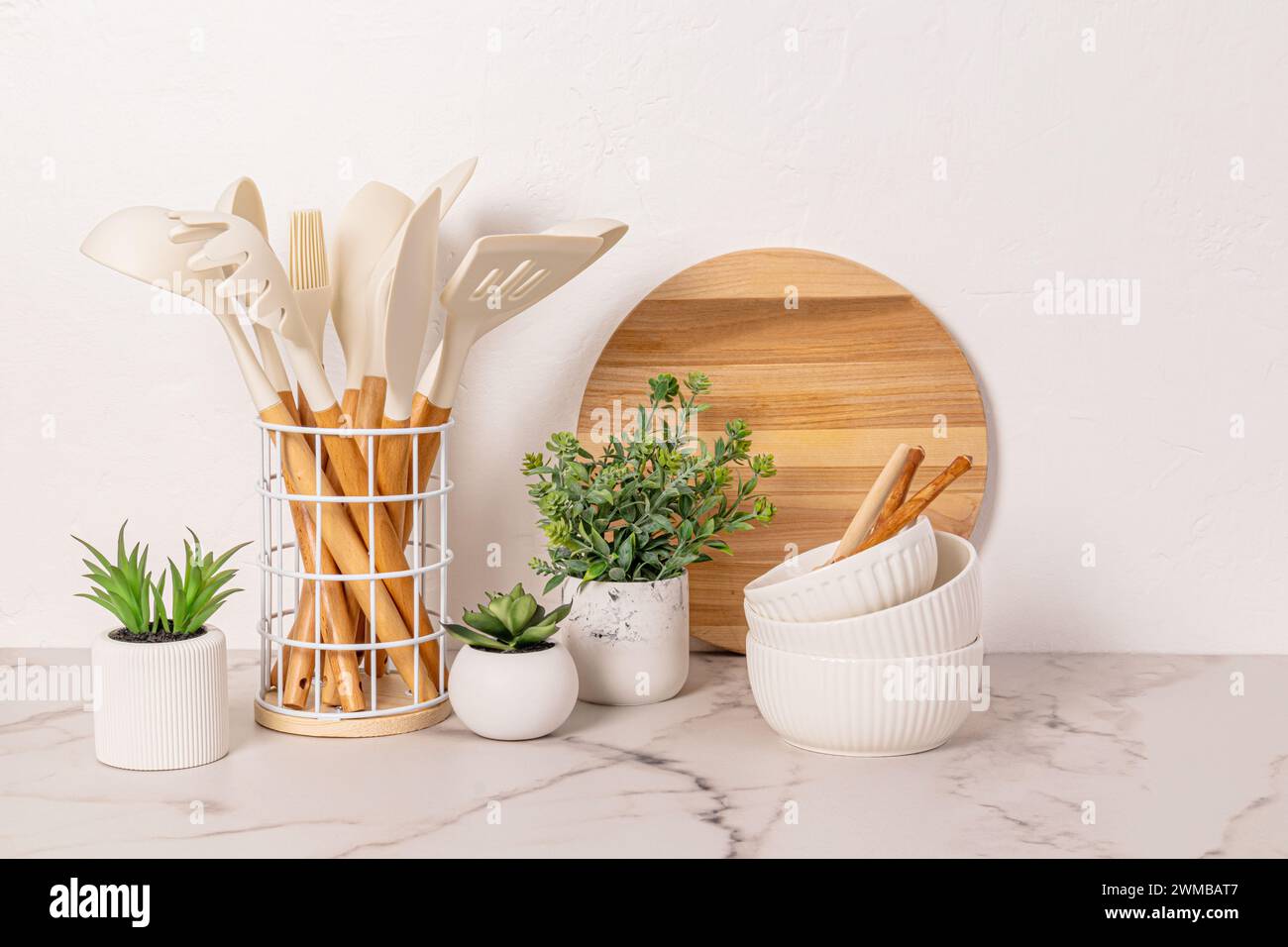 Stylish kitchen background with kitchen utensils on marble white ...