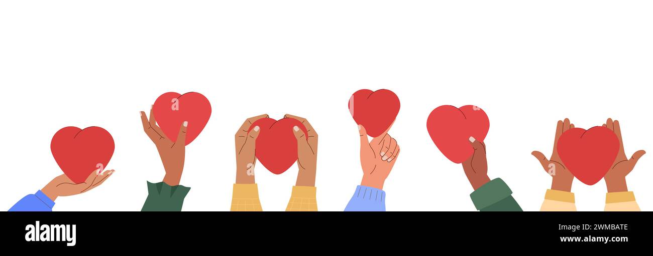 Human hands holding and giving red hearts. Concept of sharing love ...