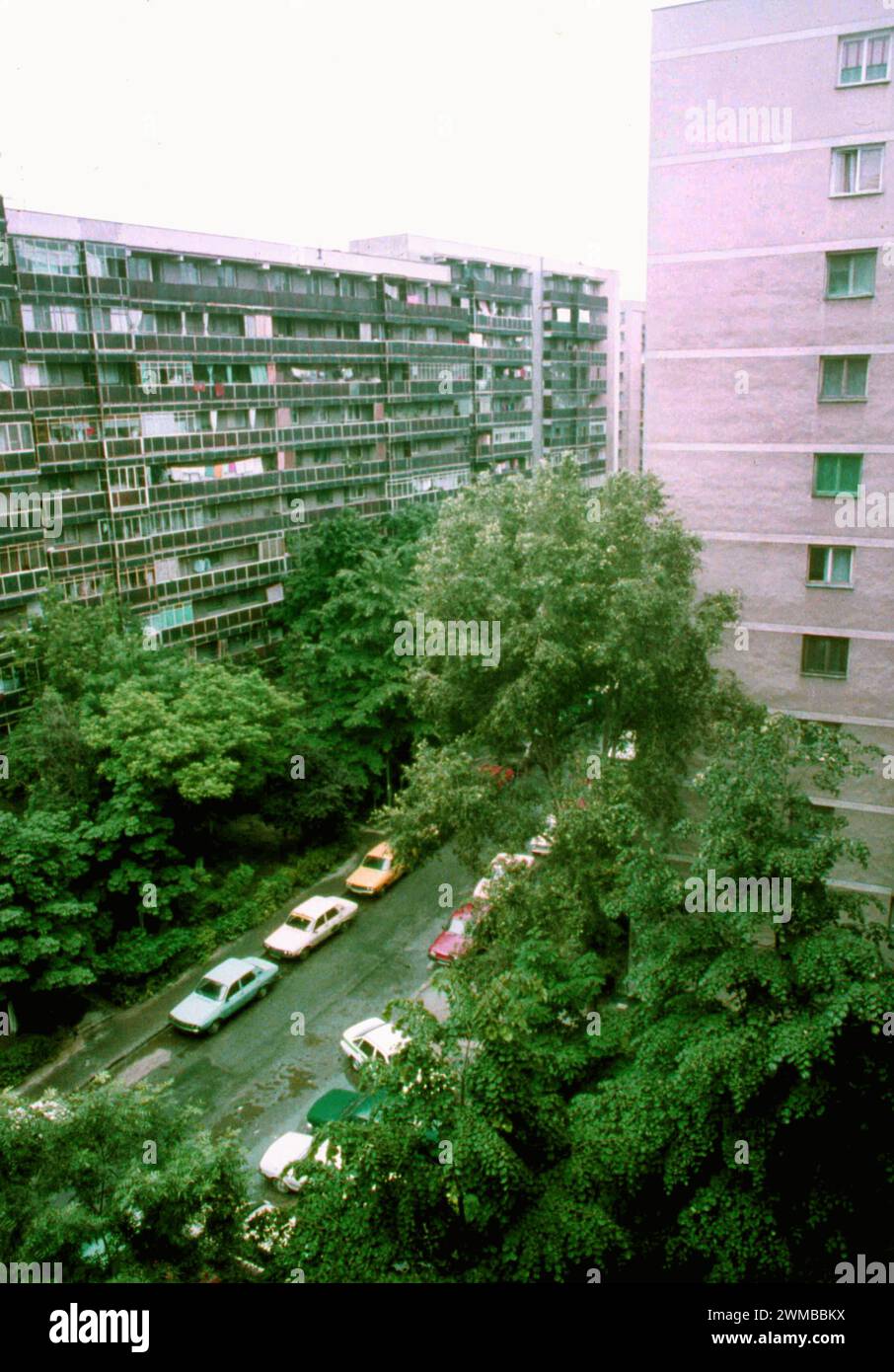 Communist-era apartment buildings in Bucharest, Romania, approx. 1991 ...