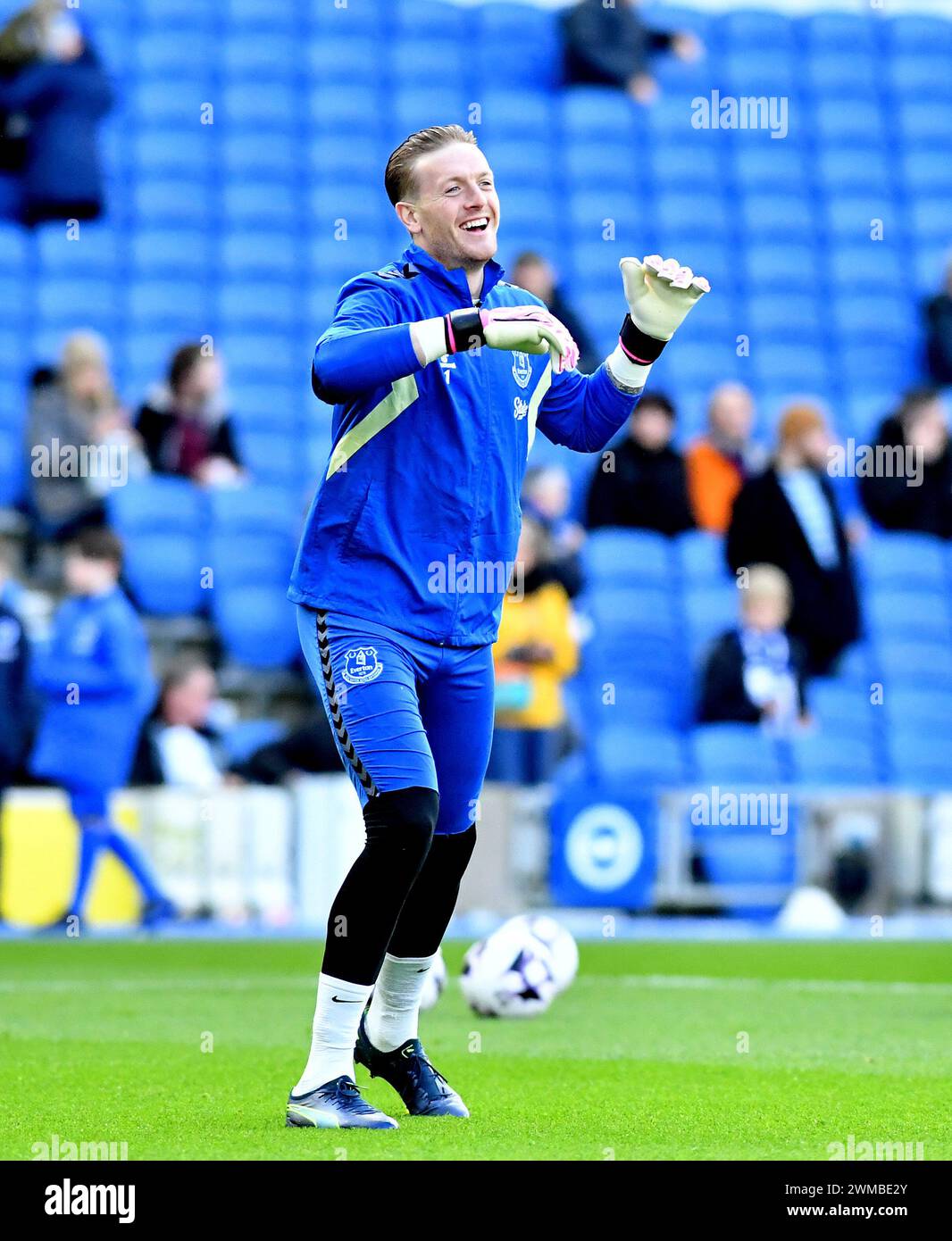 Jordan Pickford of Everton is all smiles as he warms up before the ...