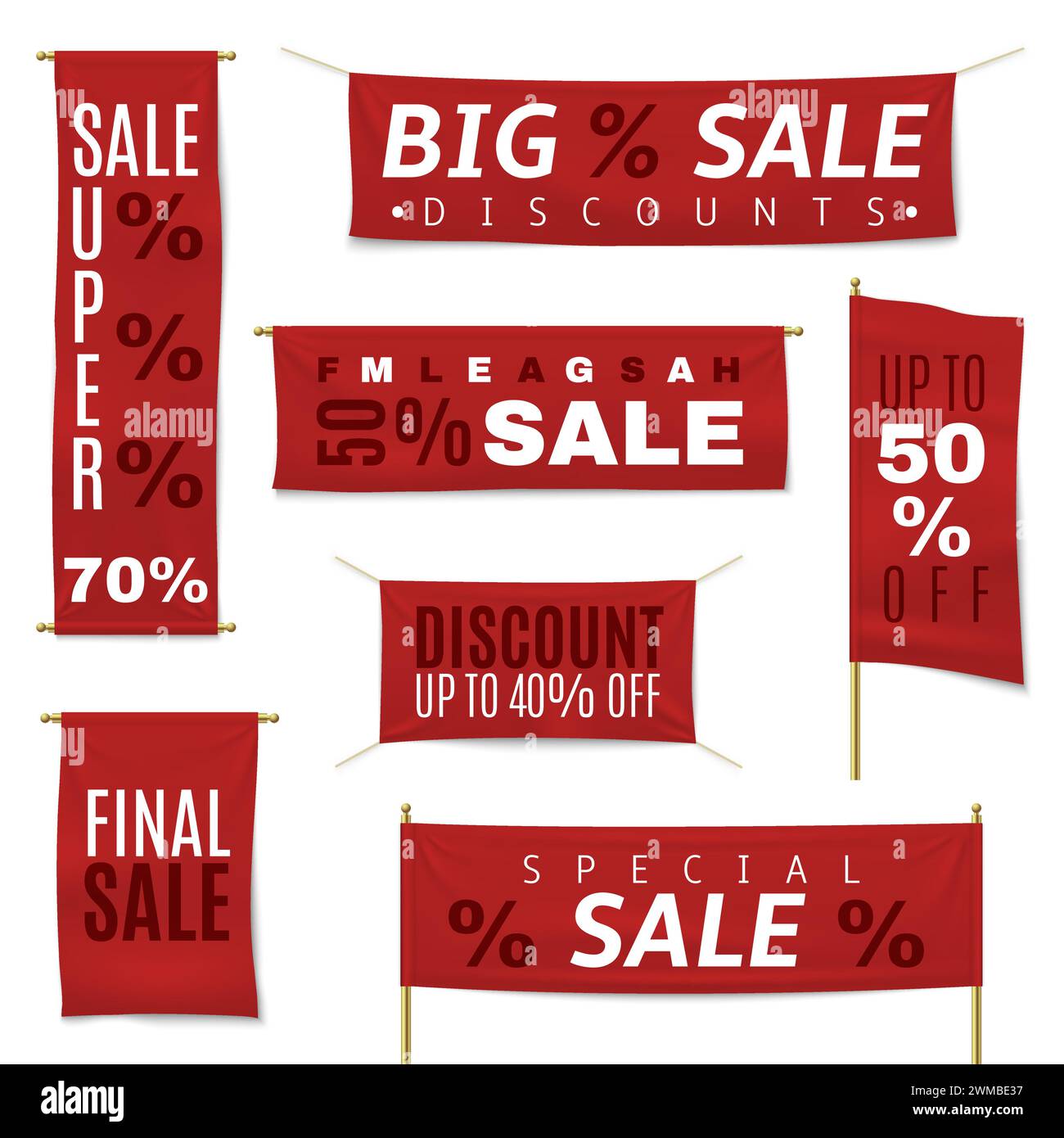 Sale discounts banners. Red realistic hanging pennants and flags ...