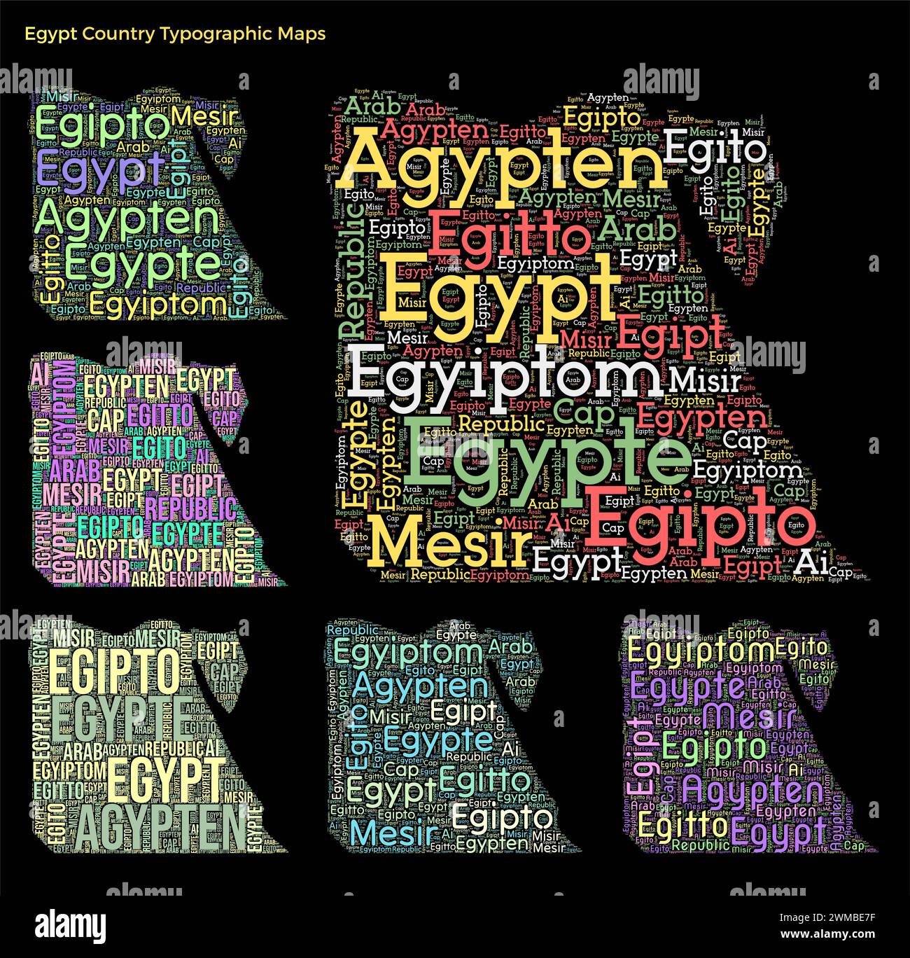 Egypt. Set of typography style country illustrations. Egypt map shape ...