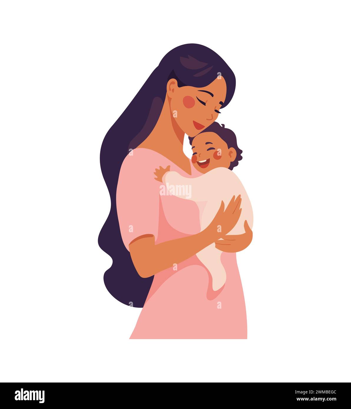 Happy young mother hugs her laughing baby. Mother s Day card, concept ...