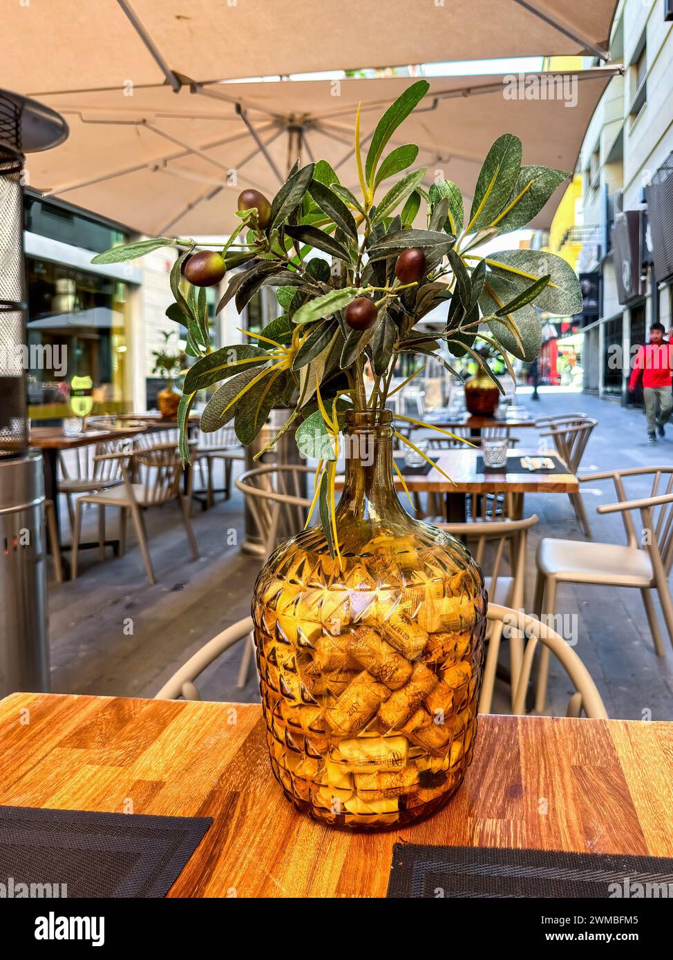 Table center piece full wine corks in patio restaurant, Alicante, Spain ...