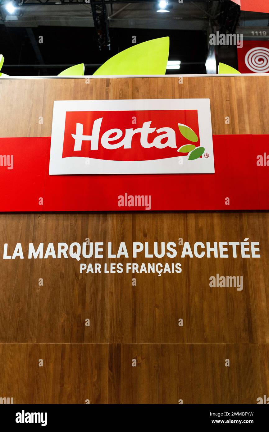 Paris, France. 24th Feb, 2024. The logo of the Herta charcuterie brand ...