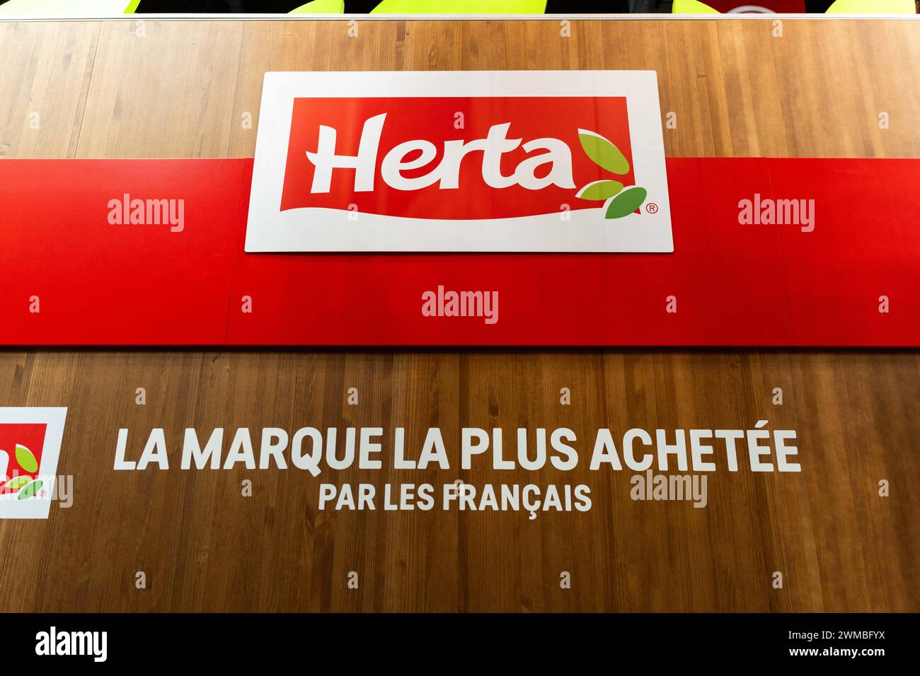 Paris, France. 24th Feb, 2024. The logo of the Herta charcuterie brand ...