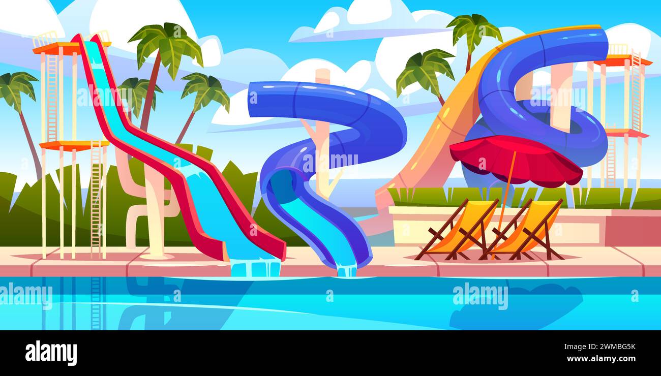 Aqua park attractions. Swimming pool with different types water extreme ...