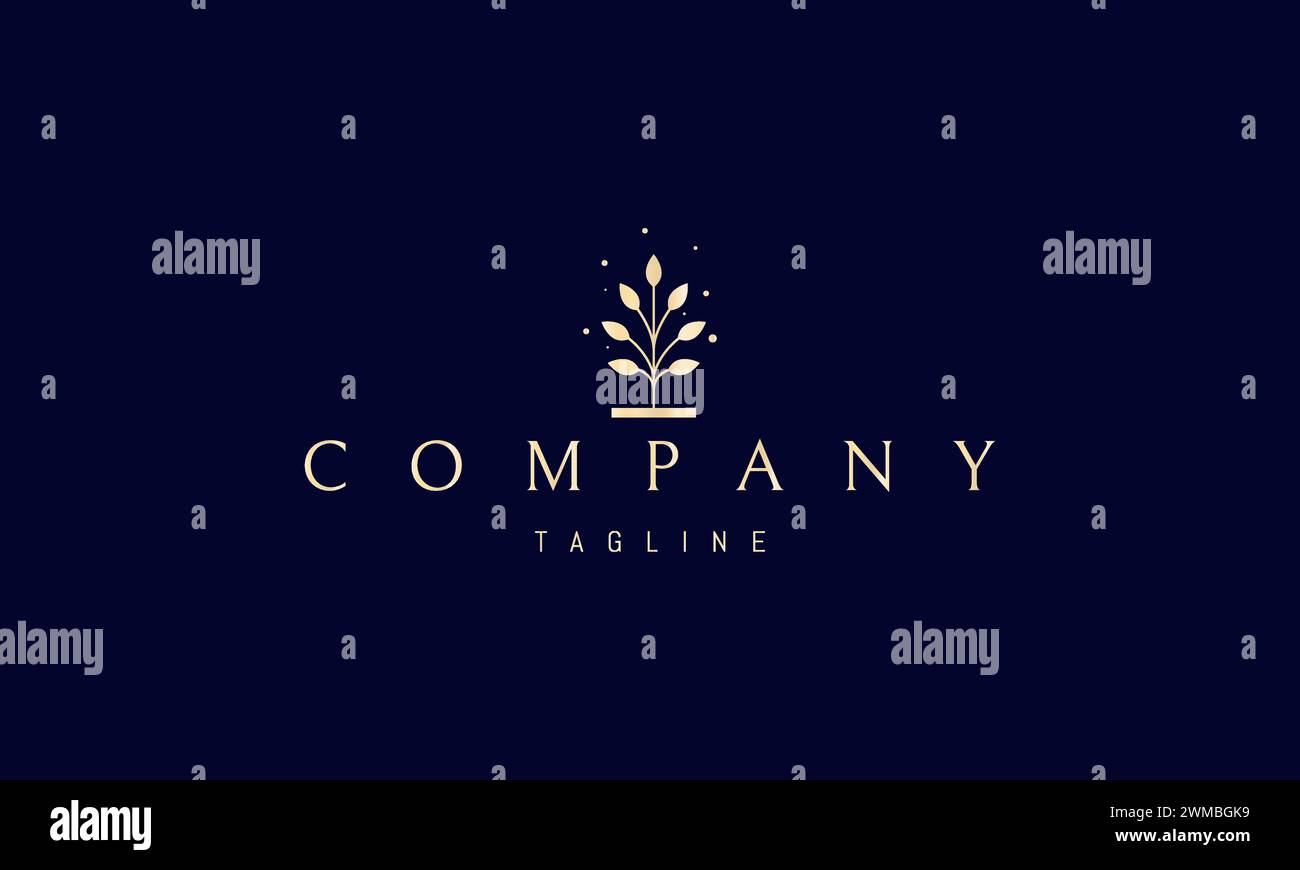 Vector golden logo with an abstract image of a tree sprout with leaves ...