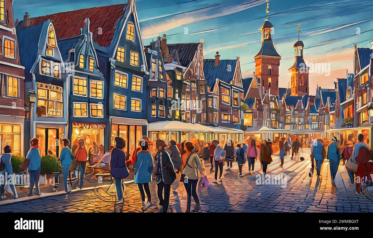 Picturesque Dutch town streets illustration Stock Photo - Alamy