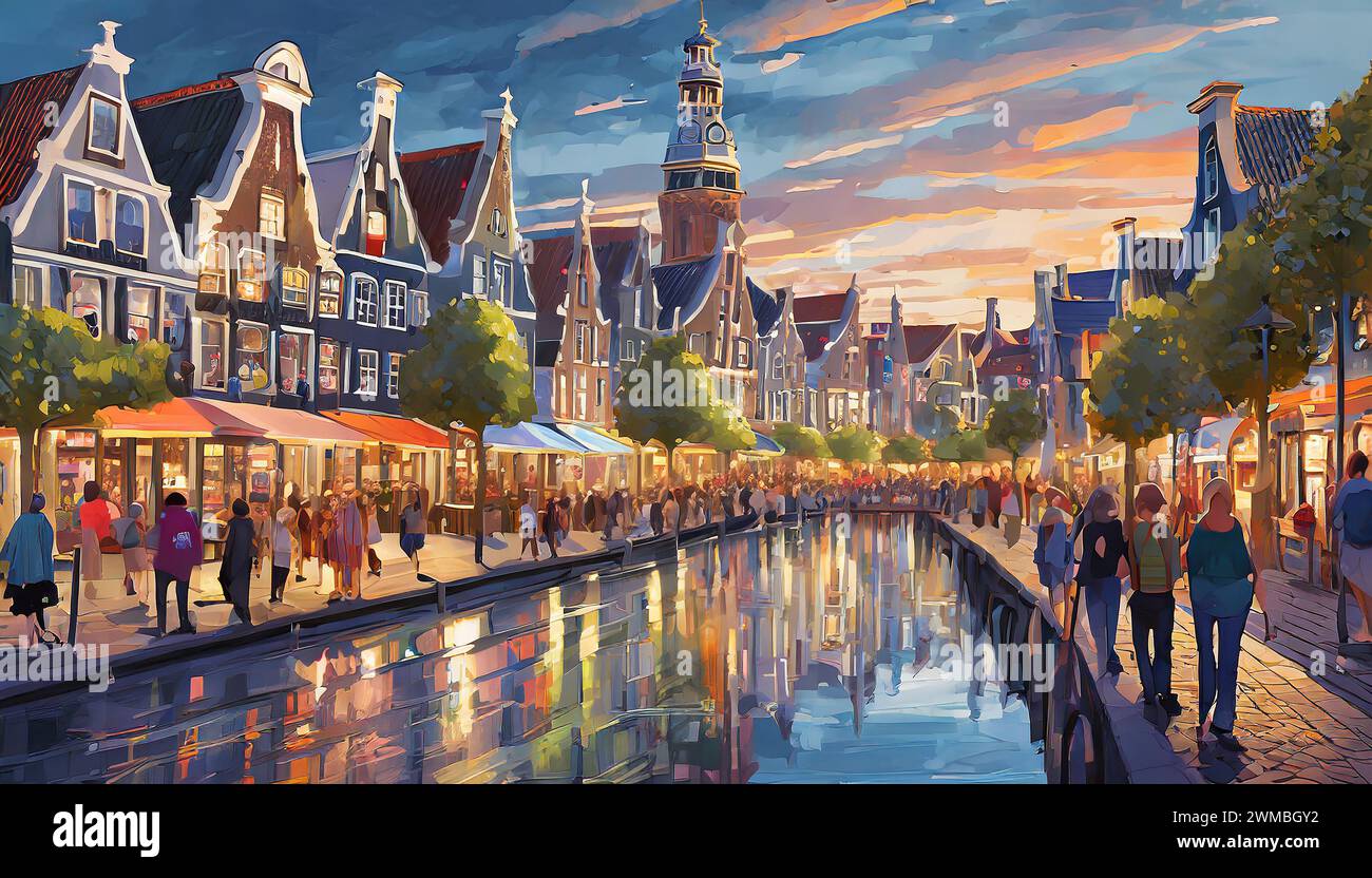 Picturesque Dutch town streets illustration Stock Photo - Alamy