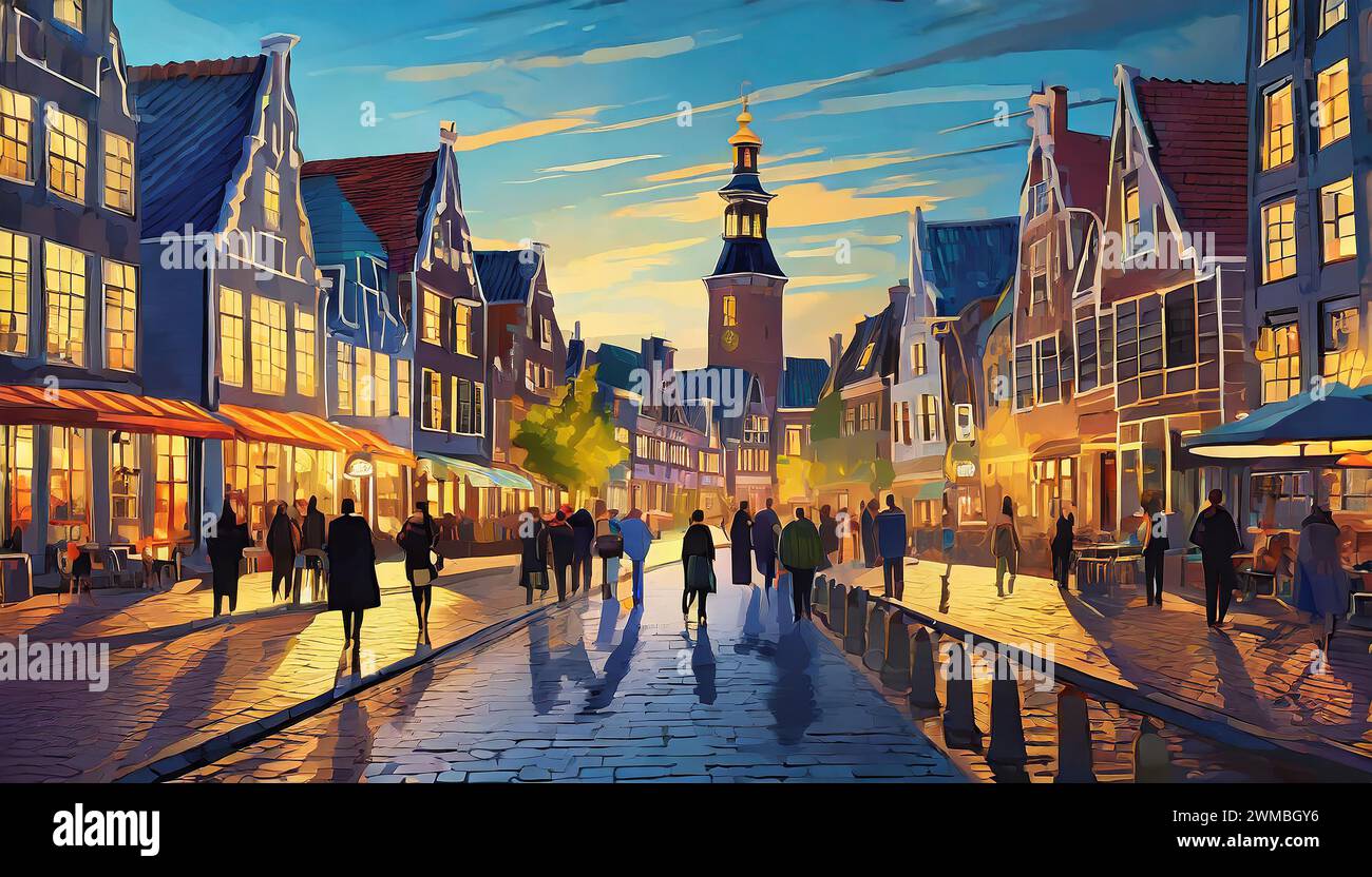 Picturesque Dutch town streets illustration Stock Photo - Alamy