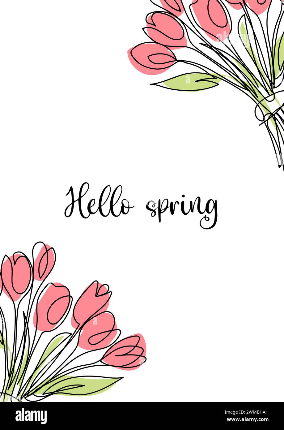 Hello spring, postcard line art, bouquet of tulips single line drawing ...