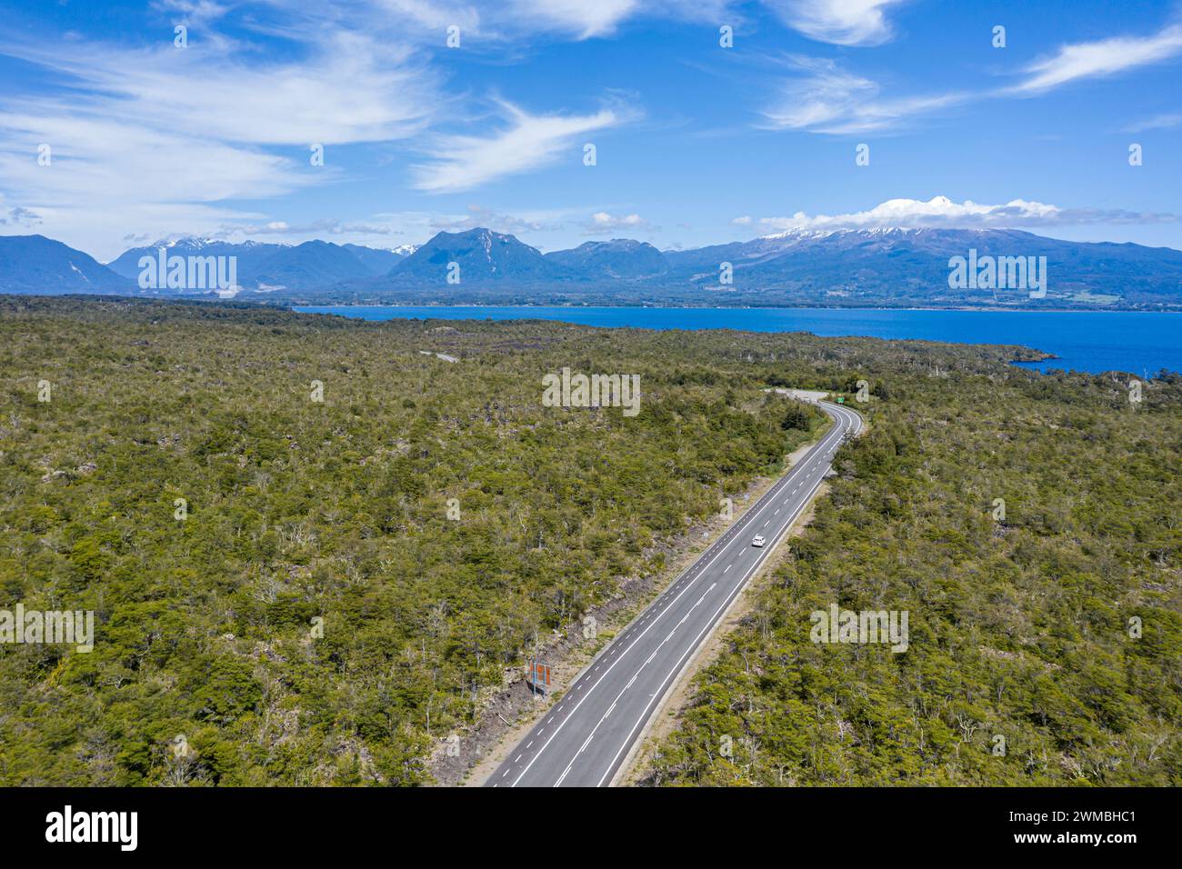 Road along lake Lago Llanquihue north of Ensenada, Los Lagos region ...