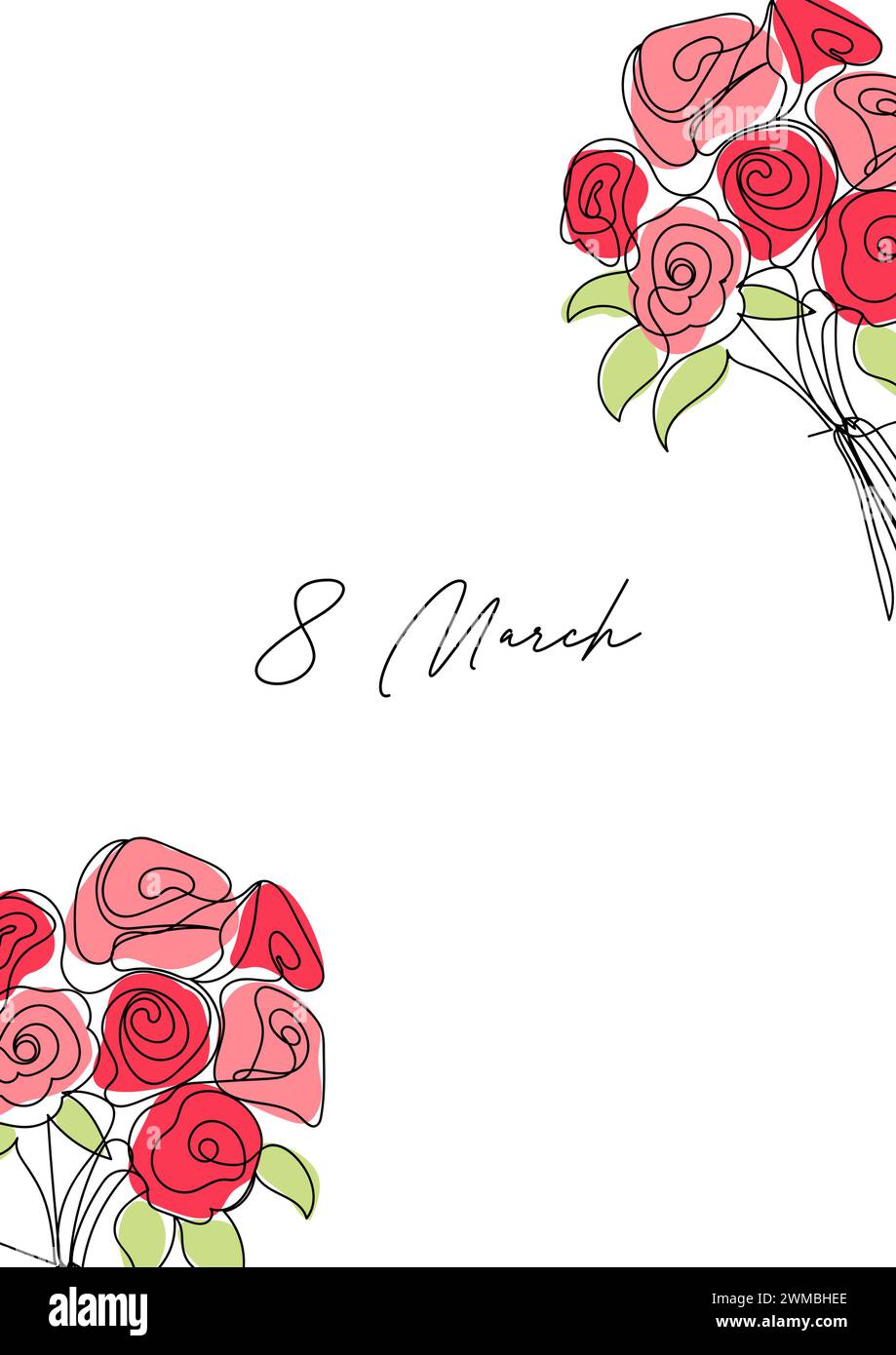 March 8, postcard line art, bouquet of roses single line drawing ...