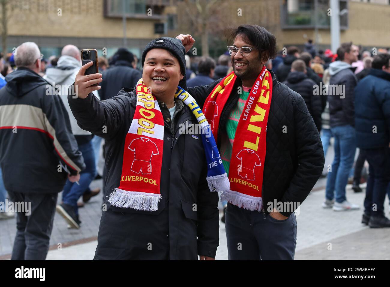 Two Liverpool fans taking a selfie during the Carabao Cup Final match ...