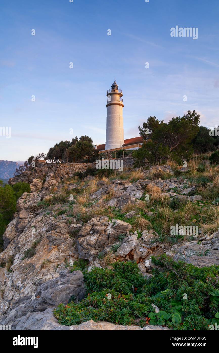 A view of the Cap Gros Lighthouse in northern Mallorca at sunset Stock ...