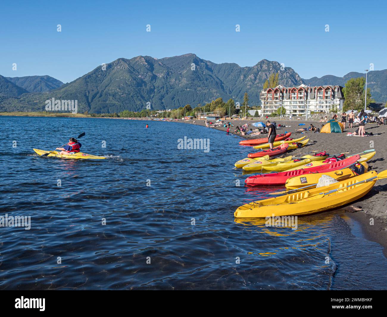 Wooden sculptures in Pucon, at lake Lago Villarica, La Auracania, Chile ...