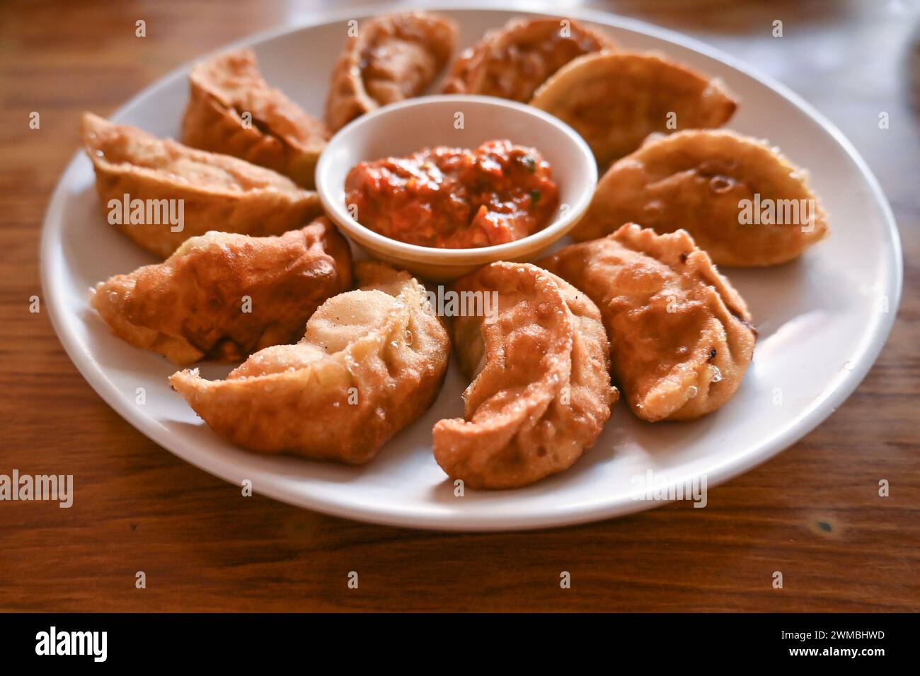Closeup of ten fried chicken momos, typical filled dumplings Stock ...