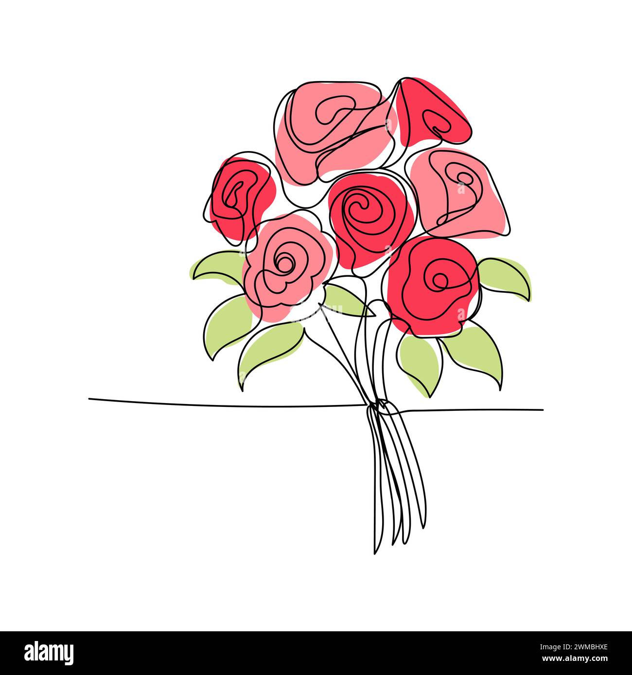 line art, bouquet of flowers roses spring and summer, drawing with one ...