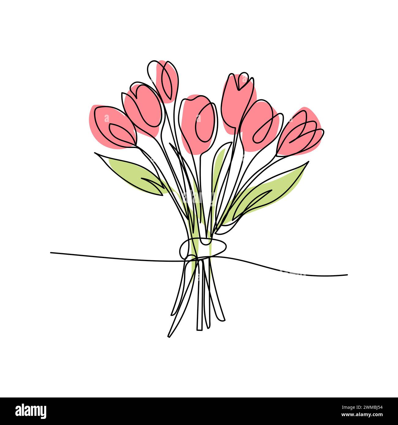 line art, bouquet of flowers tulip spring and summer, drawing with one ...