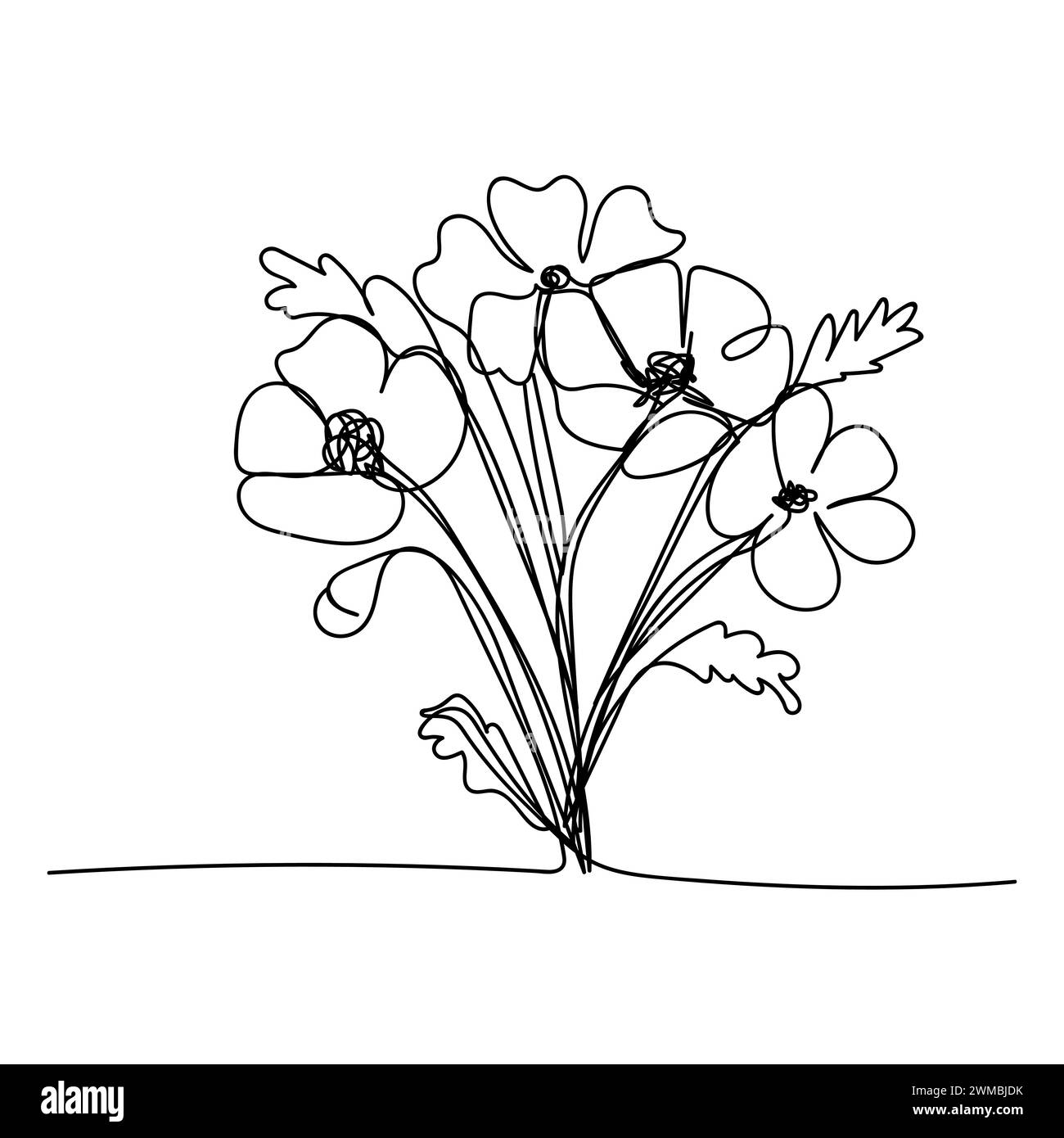 line art, bouquet of flowers poppy spring and summer, single line ...