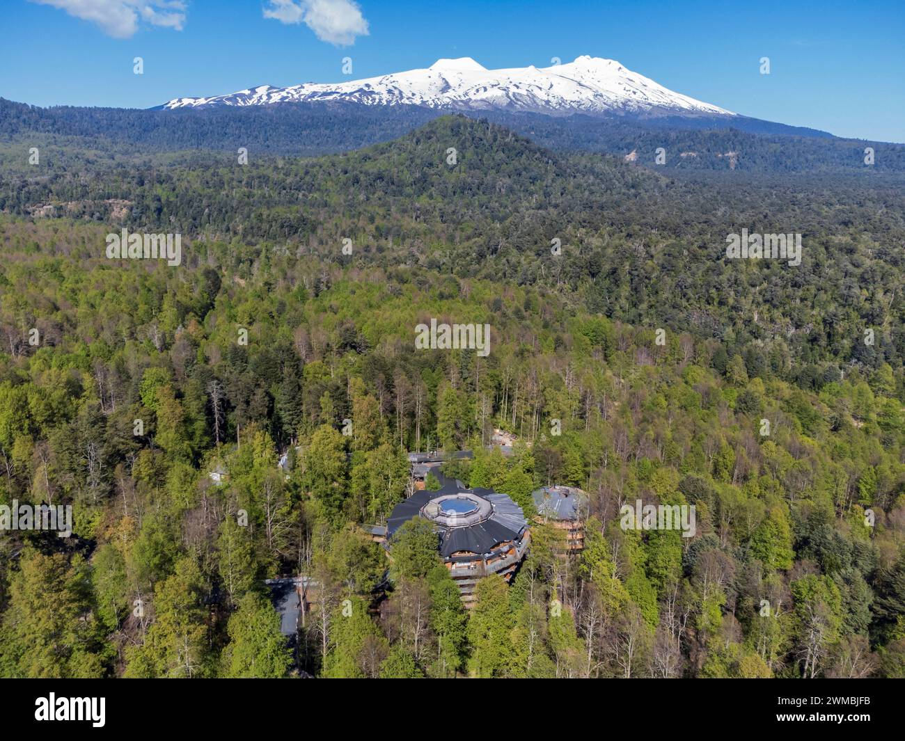 Aerial view of hotel Nothofagus, park Huilo Huilo, Chile Stock Photo ...