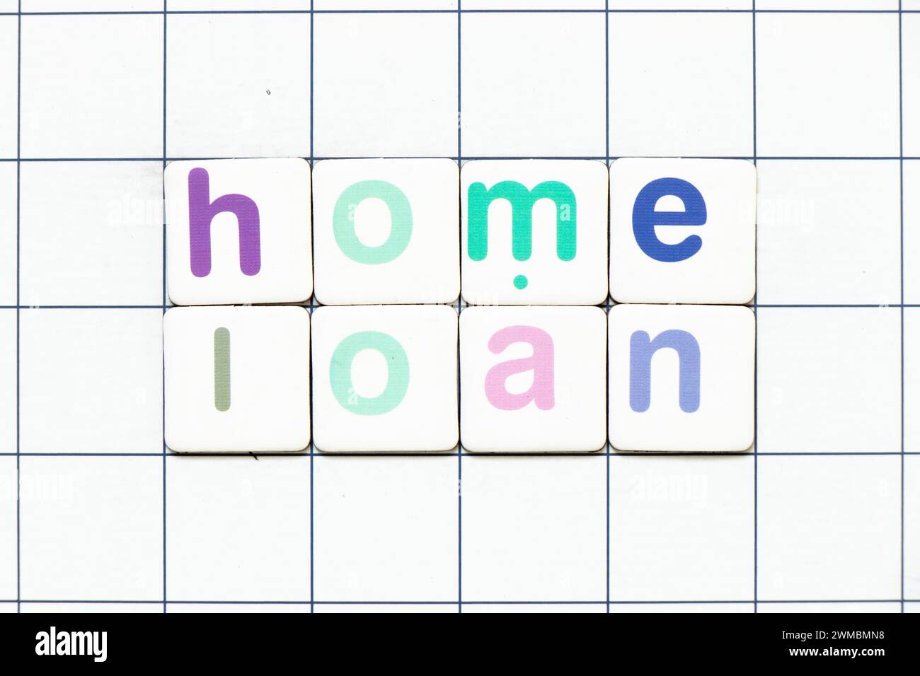 Colorful tile letter in word home loan on white grid background Stock ...