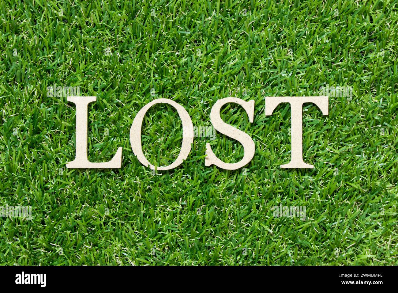 Wood letter in word lost on green grass background Stock Photo - Alamy