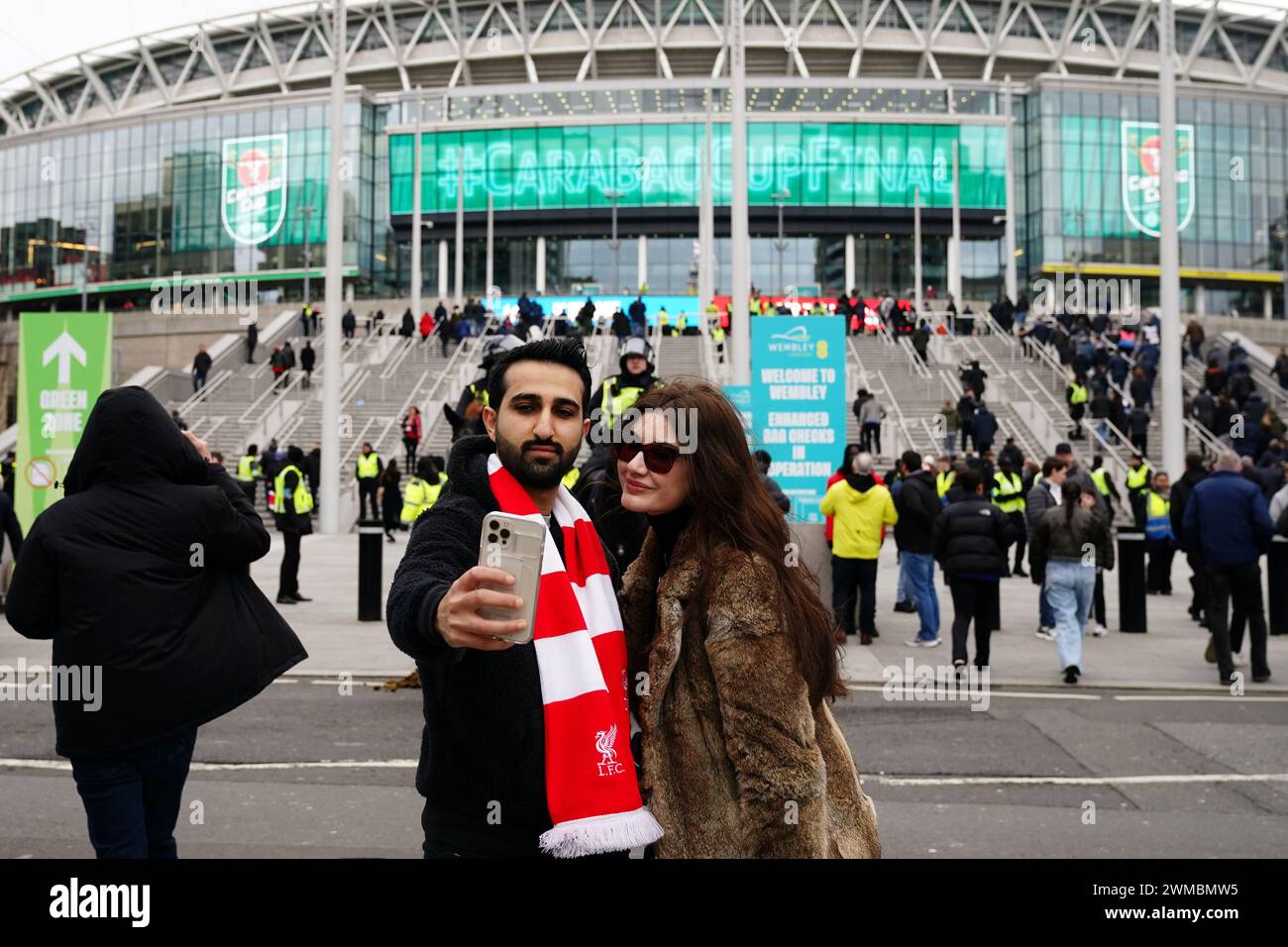 Liverpool fans pose for photos on Wembley Way before the Carabao Cup ...