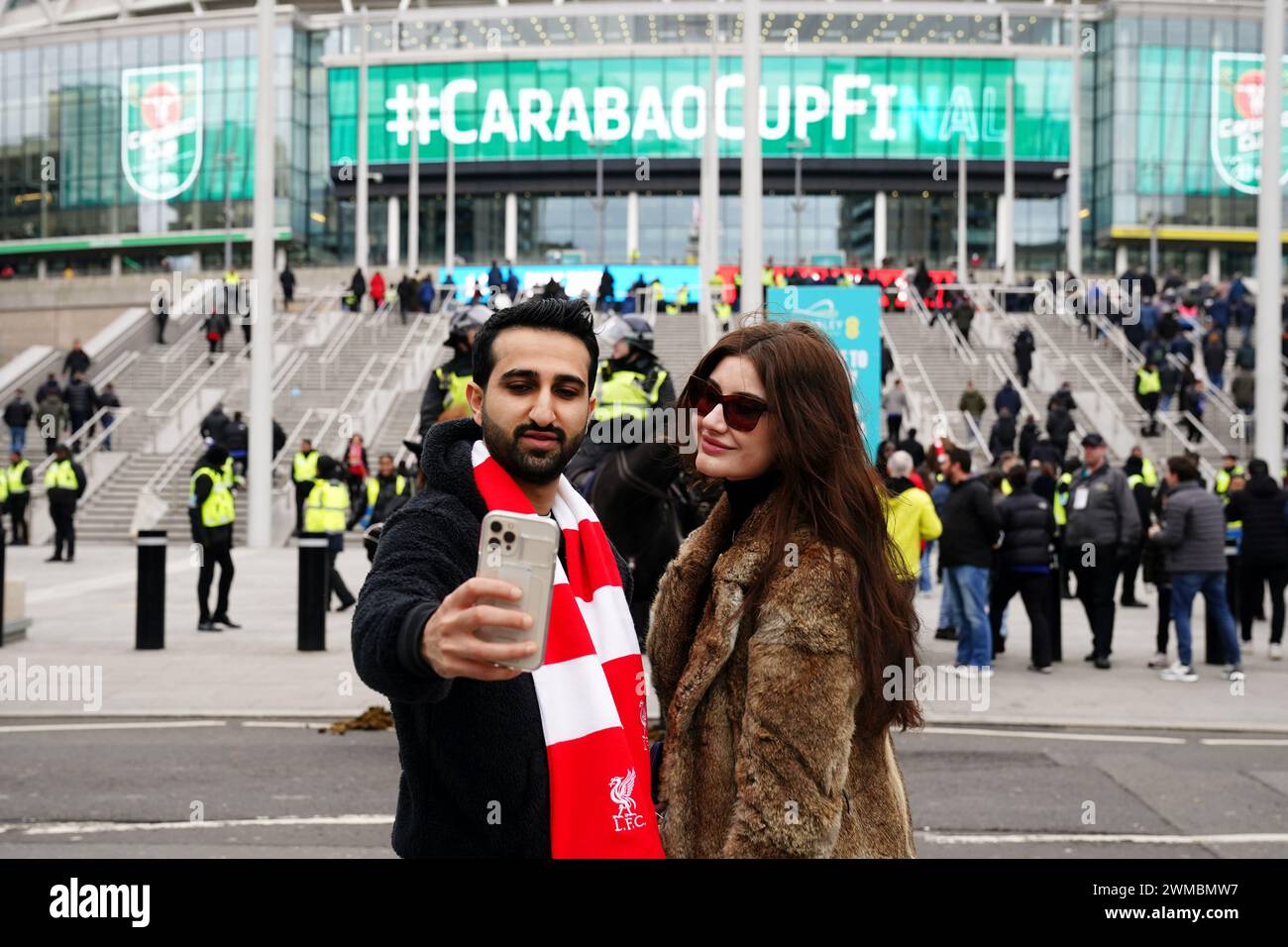 Liverpool fans pose for photos on Wembley Way before the Carabao Cup ...