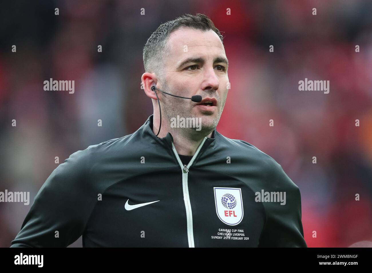 Referee Chris Kavanagh in the pregame warmup session during the Carabao ...