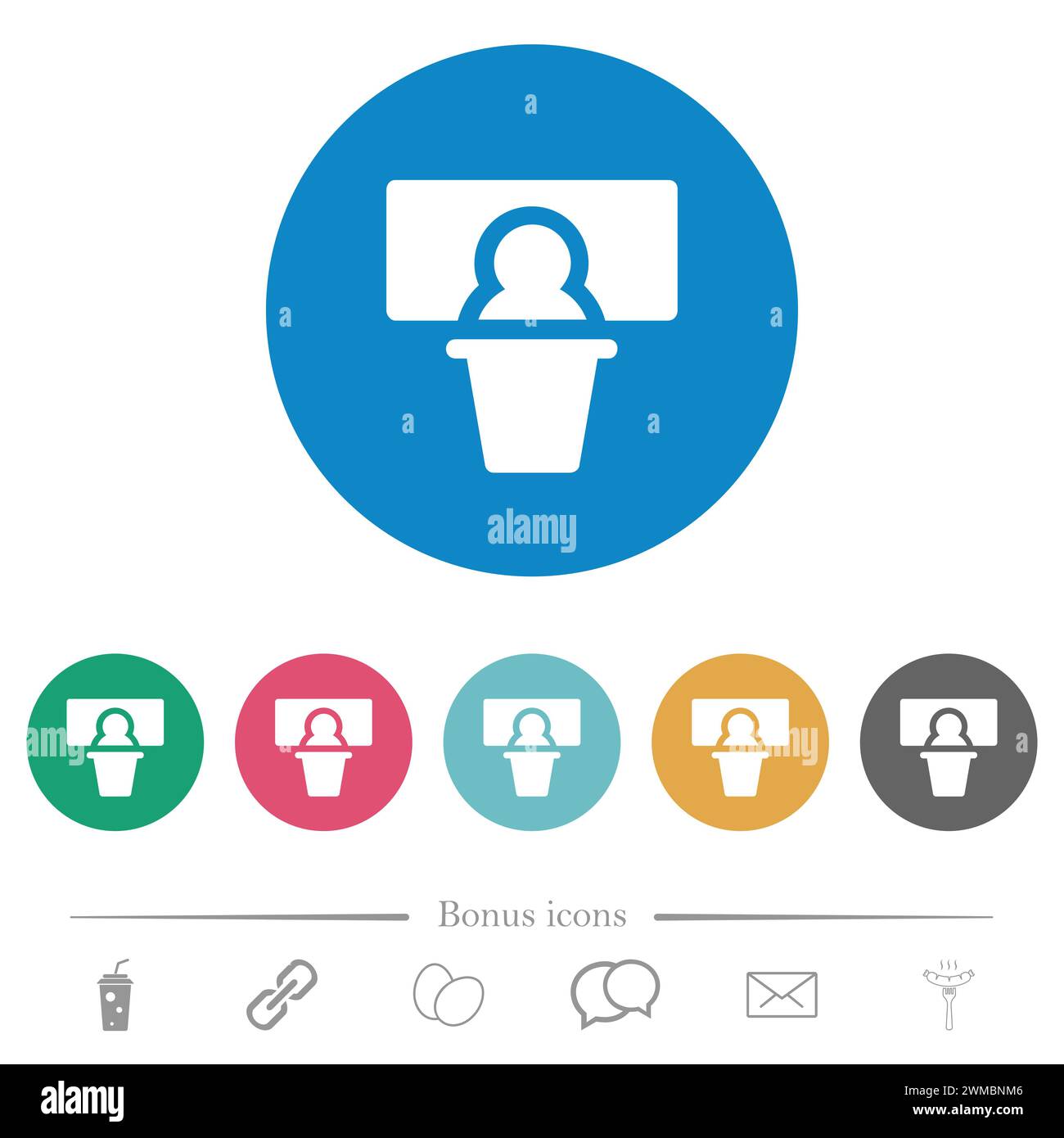 Seminar solid flat white icons on round color backgrounds. 6 bonus ...