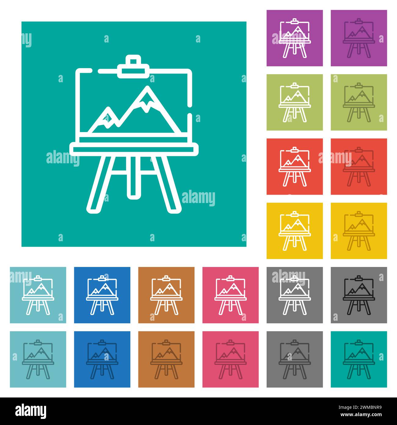 Painting art board outline multi colored flat icons on plain square ...
