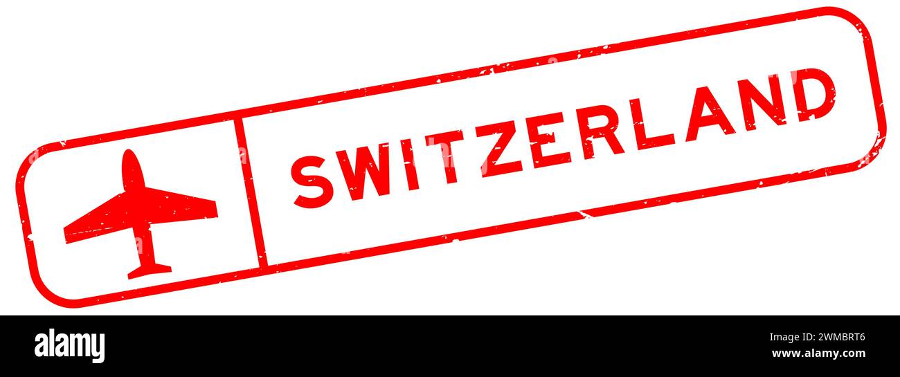 Grunge red switzerland word with plane icon square rubber seal stamp on ...