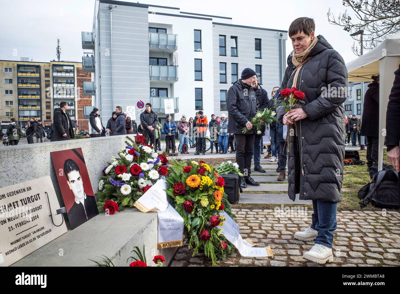 Rostock, Germany. 25th Feb, 2024. Rostock's Mayor Eva-Maria Kröger lays ...
