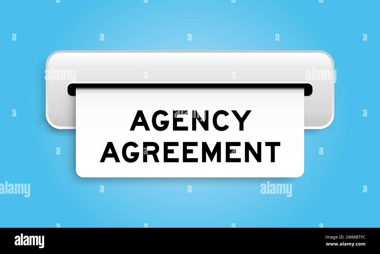 White coupon banner with word agency agreement from machine on blue ...