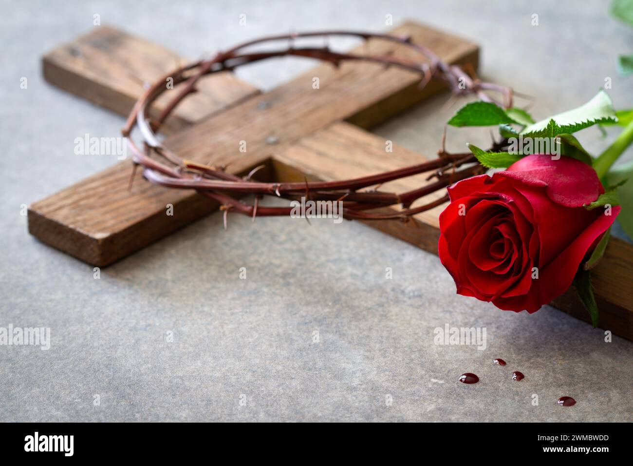 Red rose, wooden cross and crown of thorns. Passion of Christ symbol ...