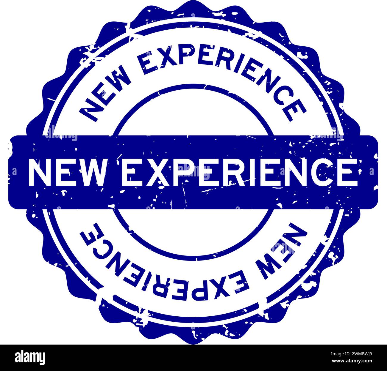 Grunge blue new experience word round rubber seal stamp on white ...