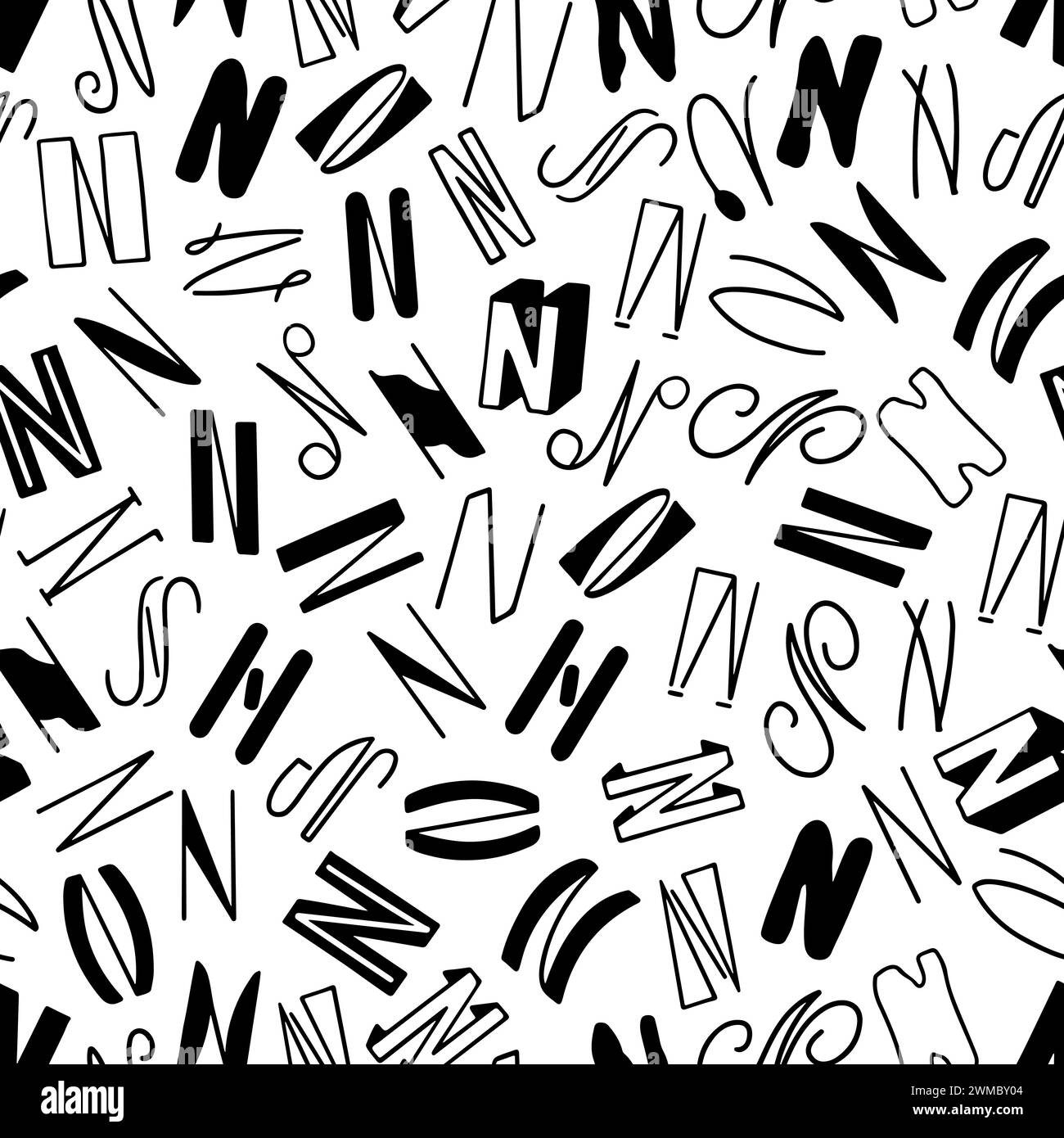Black and white seamless pattern with the letter N in various styles ...