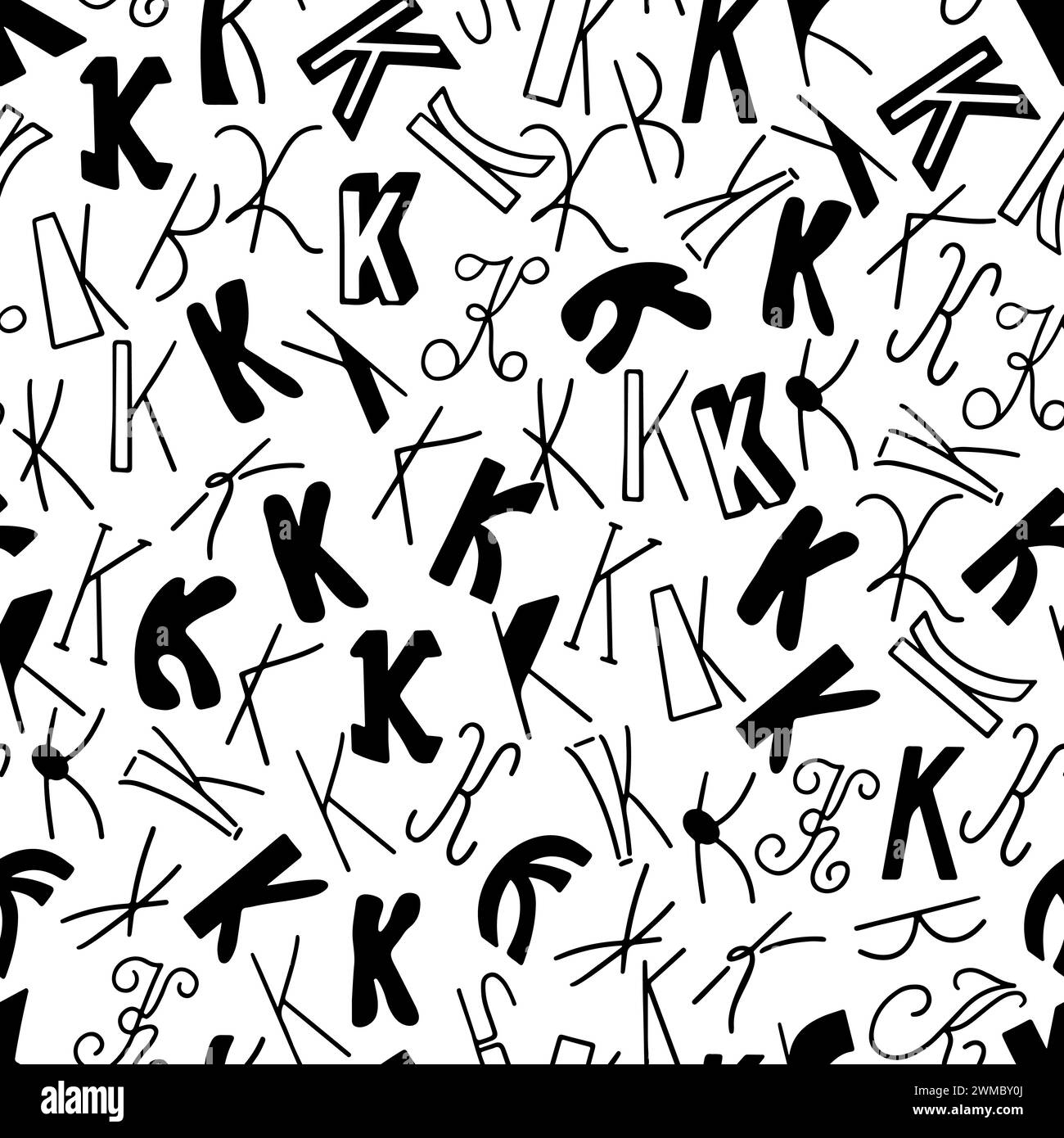 Black and white seamless pattern with the letter K in various styles ...
