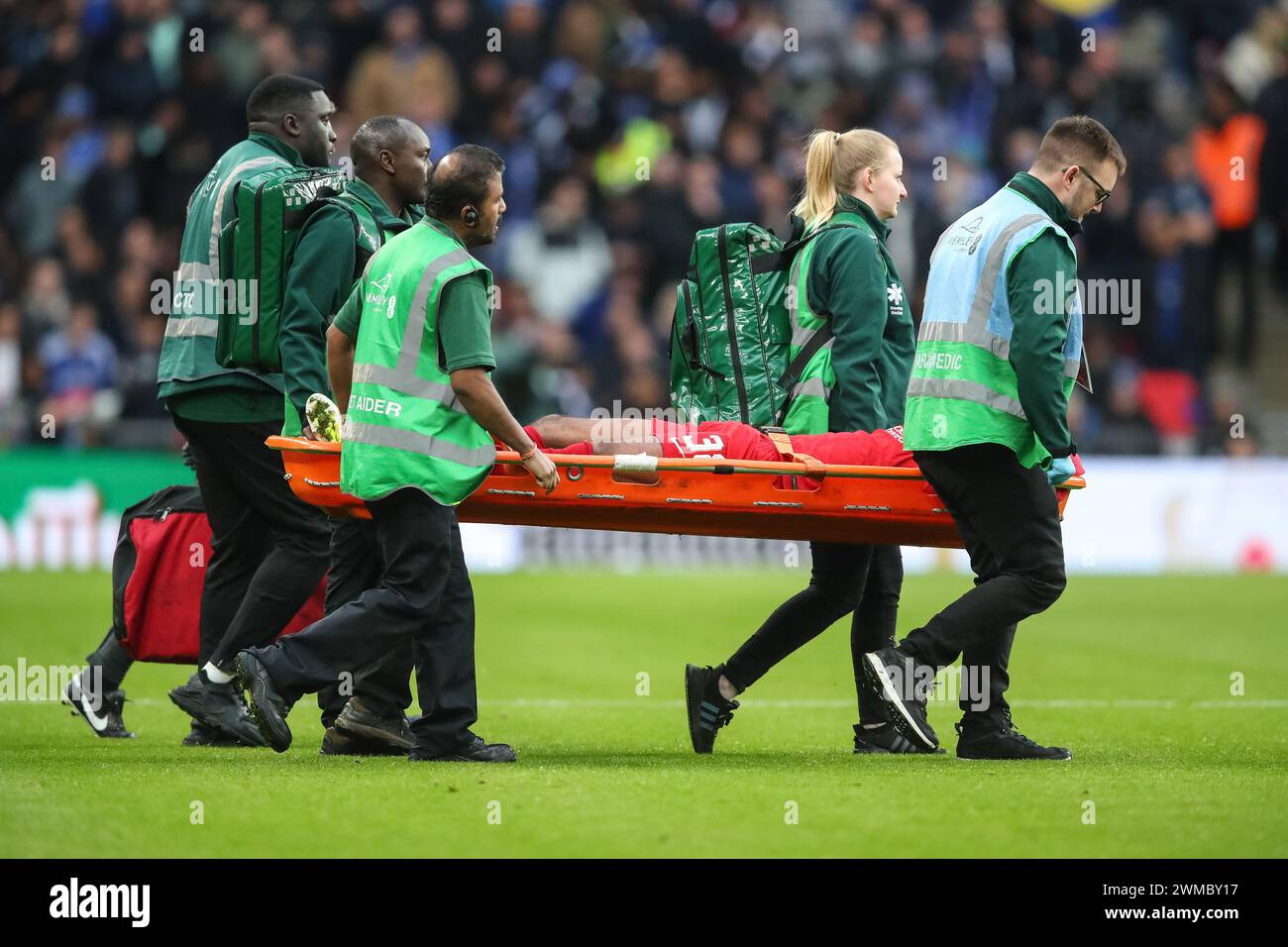 Ryan Gravenberch of Liverpool is stretchered off injured during the ...