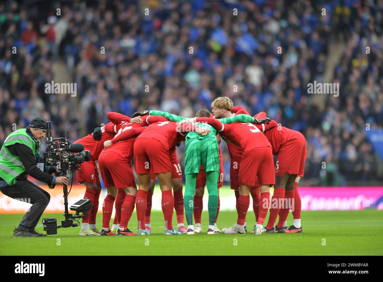 London on Sunday 25th February 2024.Liverpool FC Pre match huddle ...